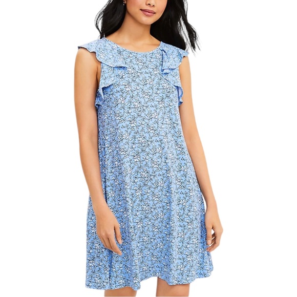 LOFT | Dresses | Loft Blue White Floral Ruffle Vback Swing Shift Mini ...